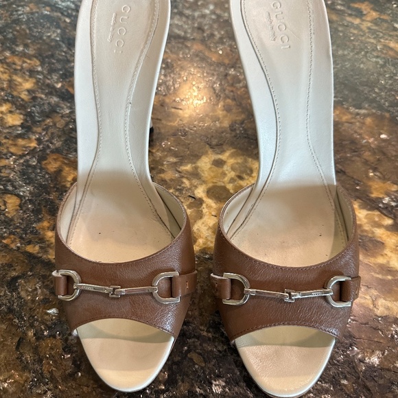 Gucci | Shoes | Gucci Size 47 Leather Brown Mule With White High Heel ...